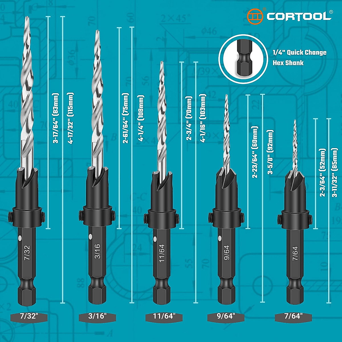 Countersink Drill Bit Set for Wood Countersink Drill Bit with 1/4" Hex Shank Quick Change, Impact Screwdriver Bits and Allen Wrench, 8-Piece Countersinker Drill Bit Set for Woodworking