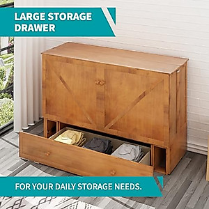 BALUS Cabinet Bed with Queen Size Mattress, Modern Murphy Bed with USB Charging Station, Foldable Tray Tables, Storage Drawer - Cherry Red