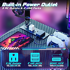 Homieasy L Shaped Gaming Desk with Drawer & Pegboard, 47 inch LED Small Computer Desk with Power Outlet & Storage Shelves, Reversible Corner Desk with Monitor Stand, Headset Hooks, Carbon Fiber Black