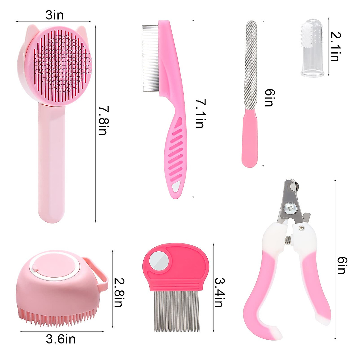 VCZONE 8 Pcs Cat Brush Grooming Kits, Pet Self Cleaning Kit with Pet Nail Clipper and File, Flea Comb, Pet Shampoo Bath Brush, Pet Shedding Brush, Silicone Toothbrush (Pink)