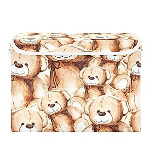 DOMIKING Lovely Teddy Bear Large Storage Bin with Lid Collapsible Shelf Baskets Box with Handles Closet Organizer for Clothes Toy Gift Storage