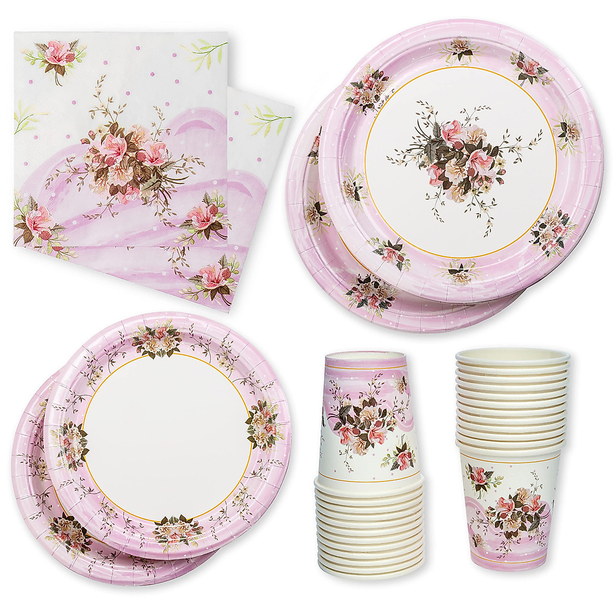 ROYAL BLUEBONNET Paper Plates and Napkins Set, Floral Design, 24 Pieces, Pink, Spring, Disposable Party Supplies