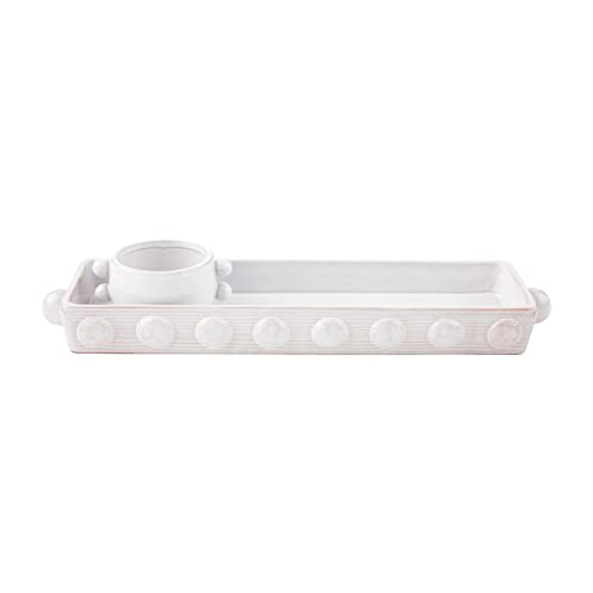 Mud Pie Beaded Dip and Tray Set, 4" x 14" 3 3/4" x 2" Dia, White