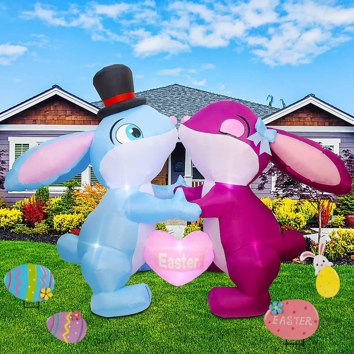 Juegoal Easter Inflatable Cute Bunny with Heart, 7.5ft Long Lighted Blow Valentine Rabbit Couples with Lights, Indoor Outdoor Valentine's Day Easter Xmas Decor, Light Up Lawn Yard Garden Decorations