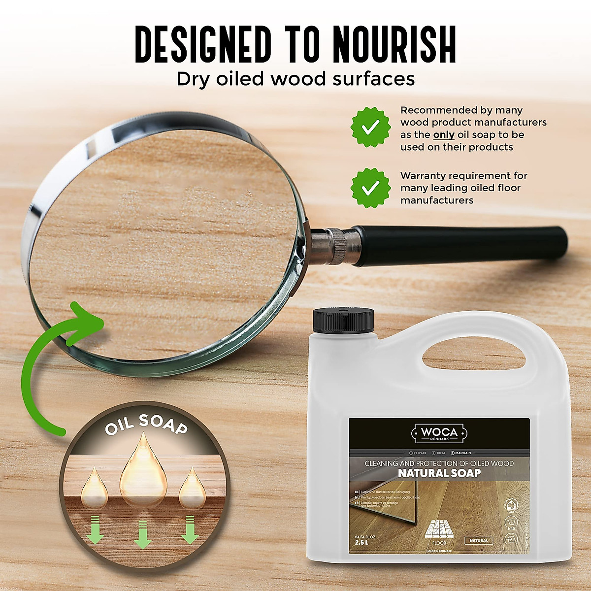 WOCA Natural Soap, Natural 1L - Concentrated Wood Cleaner for oil finished hardwood floors, tables, millwork, cutting boards, countertops and butcher block