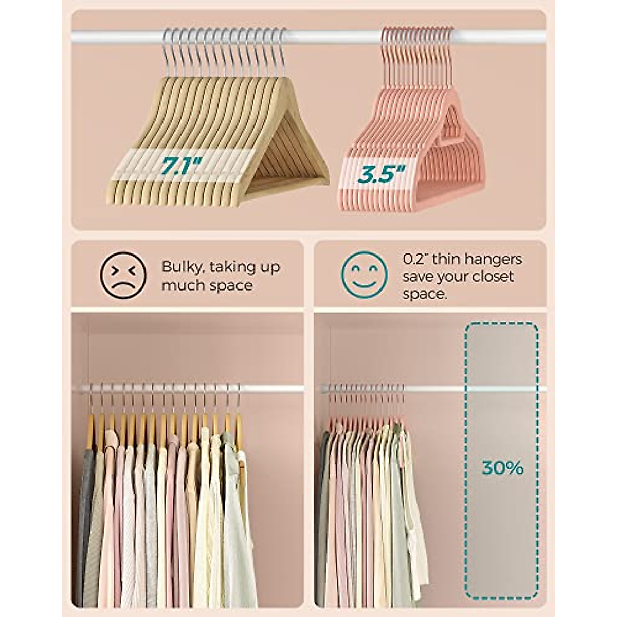 SONGMICS 50 Velvet Coat Hangers Bundle with 30 Skirt Hangers, Space-Saving Closet Organization, Swivel Hooks, for Shirts, Pants, Skirts, Light Pink UCRF21PK50 and UCRF12PK30