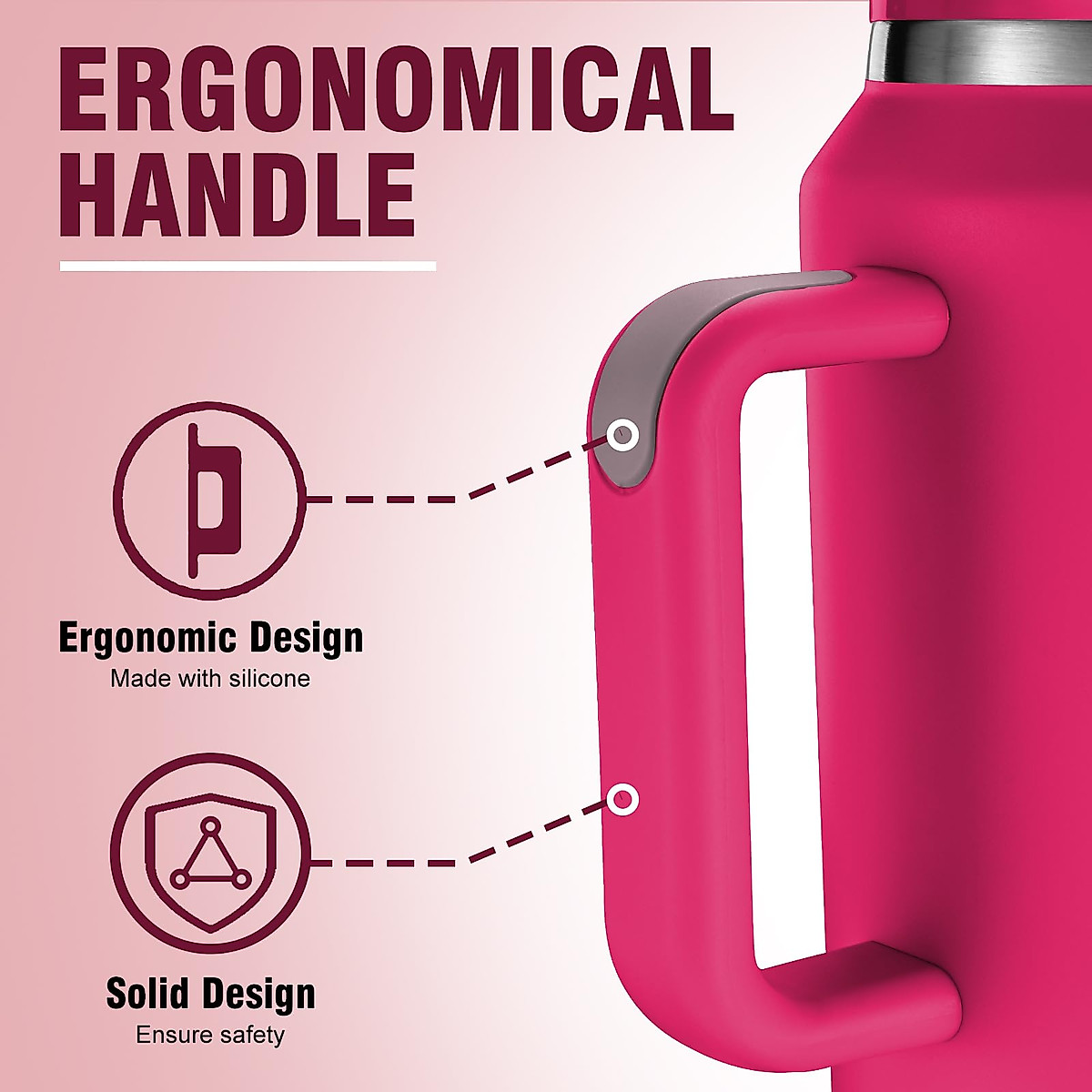 PlanetFlame 64oz Insulated Tumbler with Handle, Stainless Steel Double Wall Vacuumn Water Bottle, Lid and Straw for School, Gym, Hiking & Camping, Hot Pink