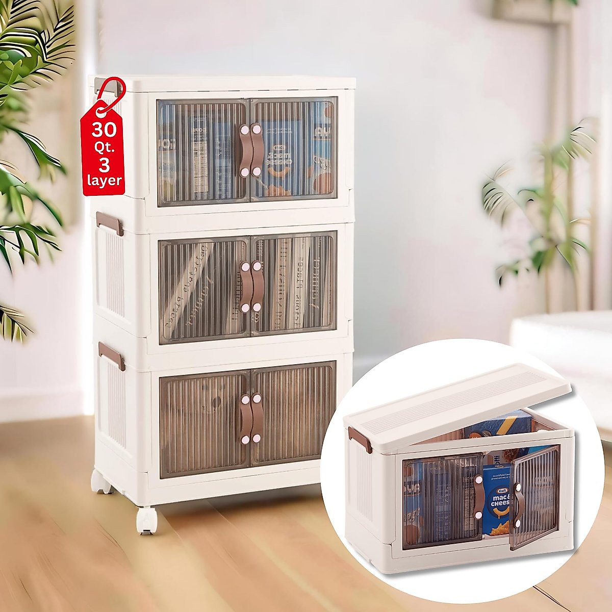 PROKTIK 30 QT 3 Tier Folding Storage Bins with Doors – Magnetic Door Foldable Storage Cabinet - Folding Storage Box with Leather Handles - Stackable and Collapsible Storage Container for Books, Pantry