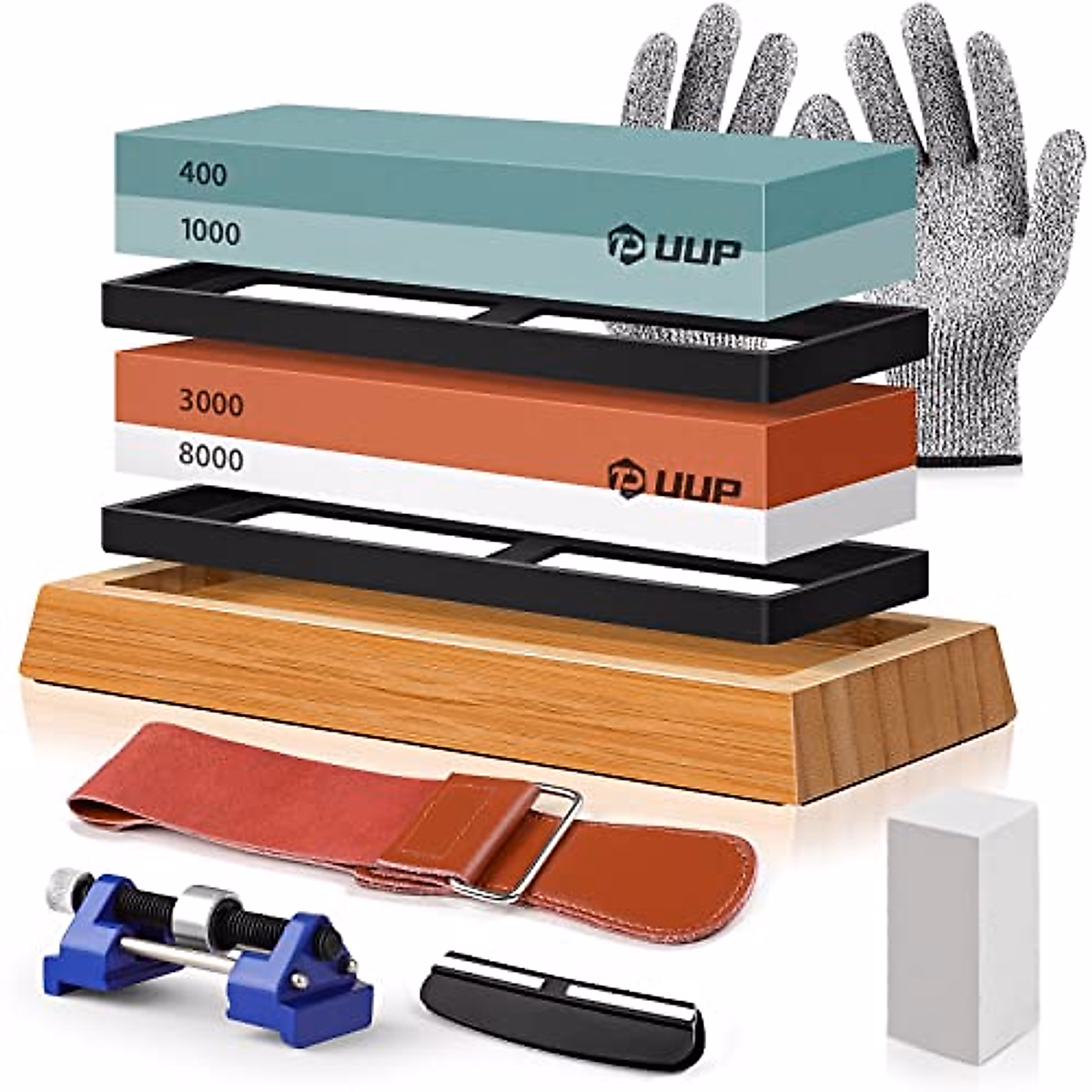 9PCS Knife Sharpening Stones, UUP Whetstone Sharpener Kit with Premium 4 Sides 400/1000 3000/8000 Grit Wet Stone Set, Leather Strop, Angle Guide, Flattening Stone, Gloves, Honing Guide for Knives