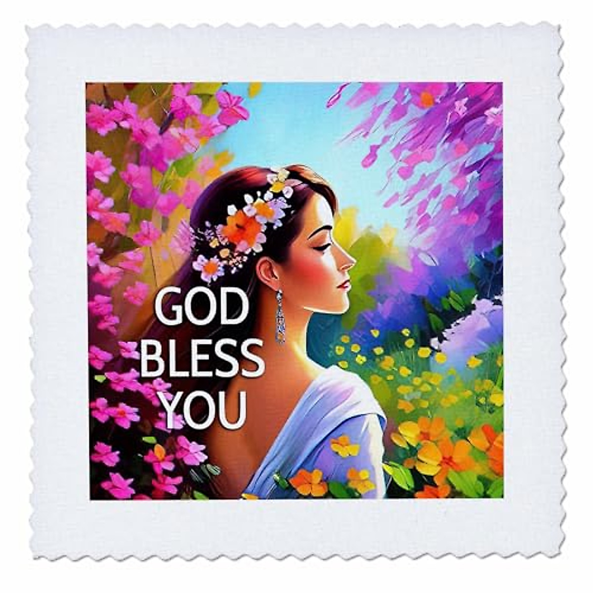 3dRose God Bless You. Young Lady Wears a Flower Garland in The Spring... - Quilt Squares (qs-379086-2)