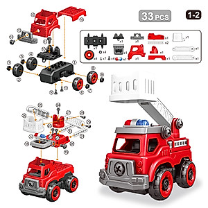 4-in-1 Take Apart Toys Truck with Electric Drill, DIY Assembly Fire Truck Toy Vehicles, Kids STEM Building Educational Cars Toys, Birthday Gifts for Age 3 4 5 6 7 8 Years Old Boys Girls