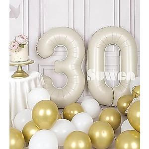 SUWEN 40 Inch Large Cream White 30 Balloon Numbers Big Foil Helium Number Balloons 0-9 Jumbo Happy 30th Mylar Birthday Party Decorations for Boy or Girl Anniversary Party Supplies