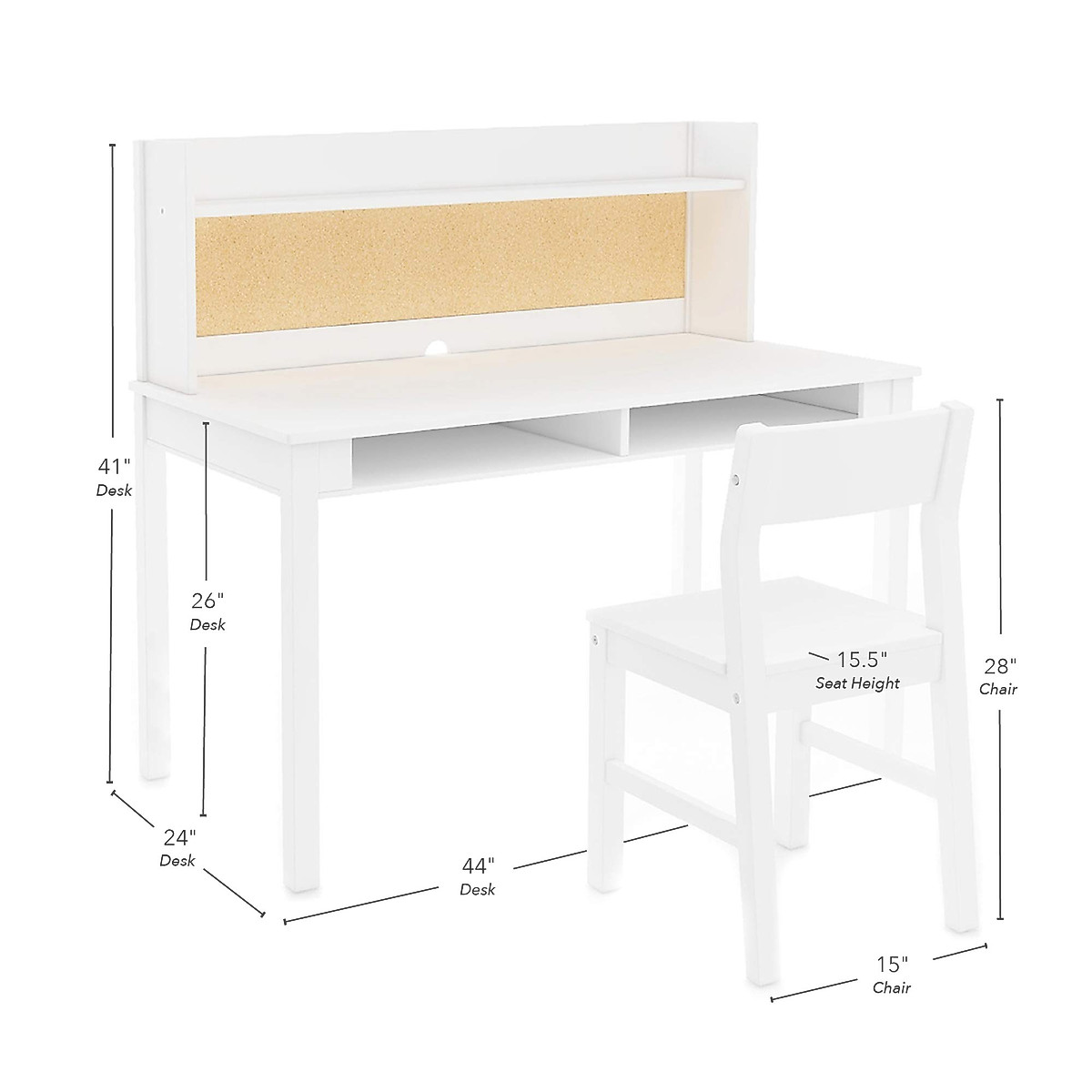 Martha Stewart Kids' Desk with Hutch and Chair by Guidecraft - Creamy White: Kids Wooden Study Table with Storage and Corkboard | Kids' Bedroom Furniture Set, Desk and Chair Set Ages 5-12