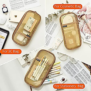 EASTHILL Grid Mesh Pen Pencil Case with Zipper Clear Makeup Color Pouch Cosmetics Bag Multi-Purpose Travel School Teen Girls Transparent Stationary Bag Office Organizer Box for Adluts(Khaki)