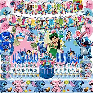 Stitch Birthday Party Supplies, Stitch themed Party Decorations Include Happy Birthday Banner, Backdrop, Tableware Set, Tablecloth, Hanging Swirls, Cake Toppers, Cupcake Toppers, Latex Balloons