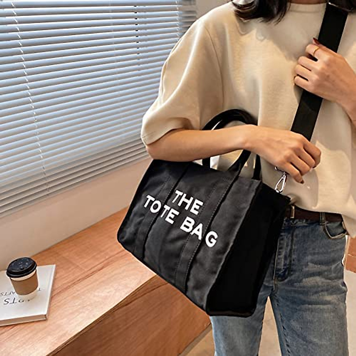Canvas Tote Handbag Shoulder Bag, Letter Printing Solid Crossbody Bag, Large Capacity Tote Bag for Men Women (2pcs Black & Beige)