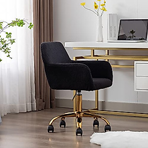 Goujxcy Fluffy Desk Chair, Black Faux Fur Vanity Chair Swivel Office Chair for Girls Women, Height Adjustable Cute Teddy Furry Makeup Chairs for Bedroom Home Office