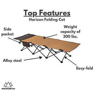 MOUNTAIN SUMMIT GEAR Horizon Cot, Foldable Camping Cot for Children & Adults, Durable Sleeping Pad with Steel Frame That Holds 300 lbs, Folding Bed includes Side Storage (by Caddis Sports Inc.)