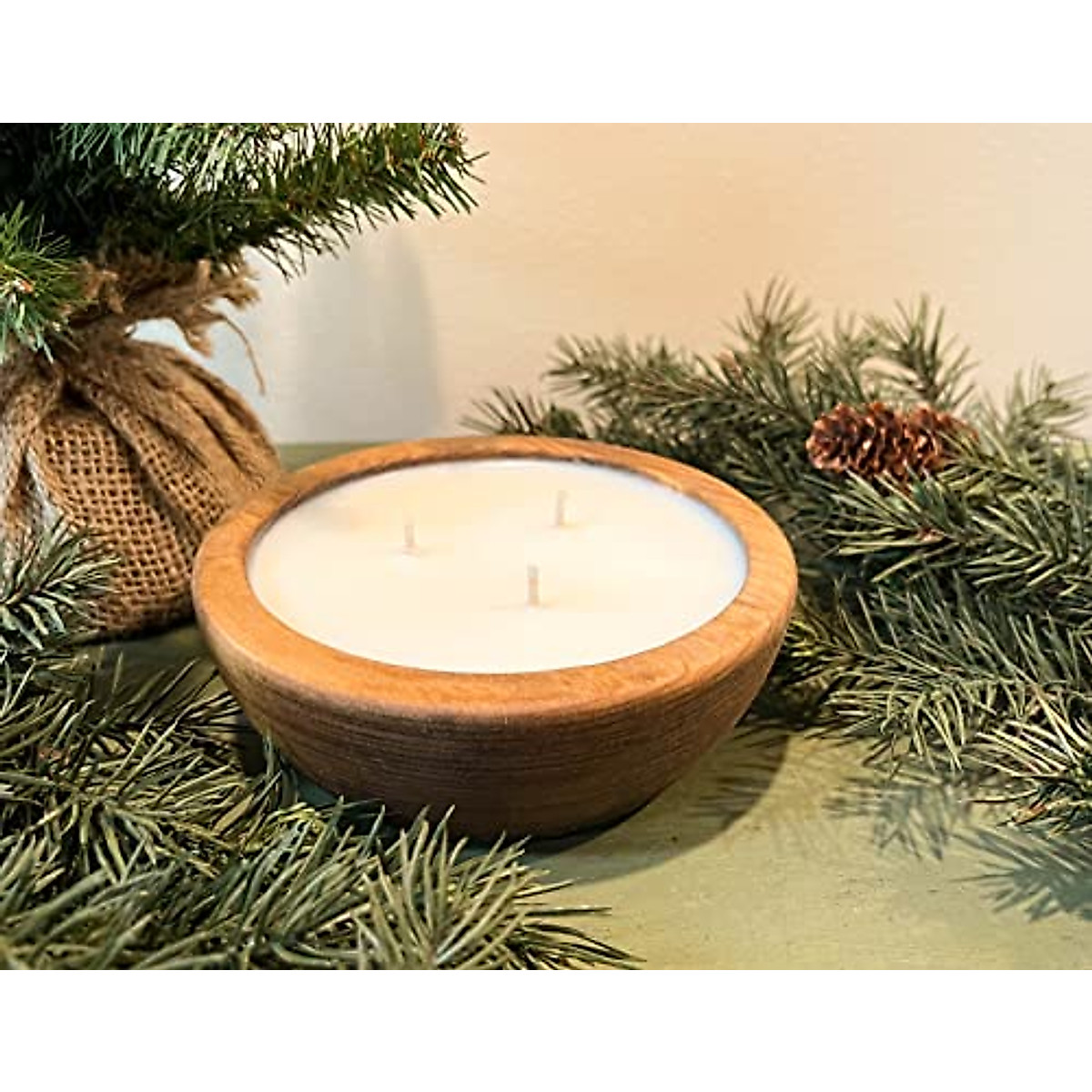 Bonneville Handmade Candles / 5 1/2" x 2" Hand Poured Wood Bowl Candle, 3 Wick/Dough Bowl Candle/Up to 25 Hour Burn Time / 100% Soy Wax/Scented Candle/Rustic Candle/Holiday (Unscented)