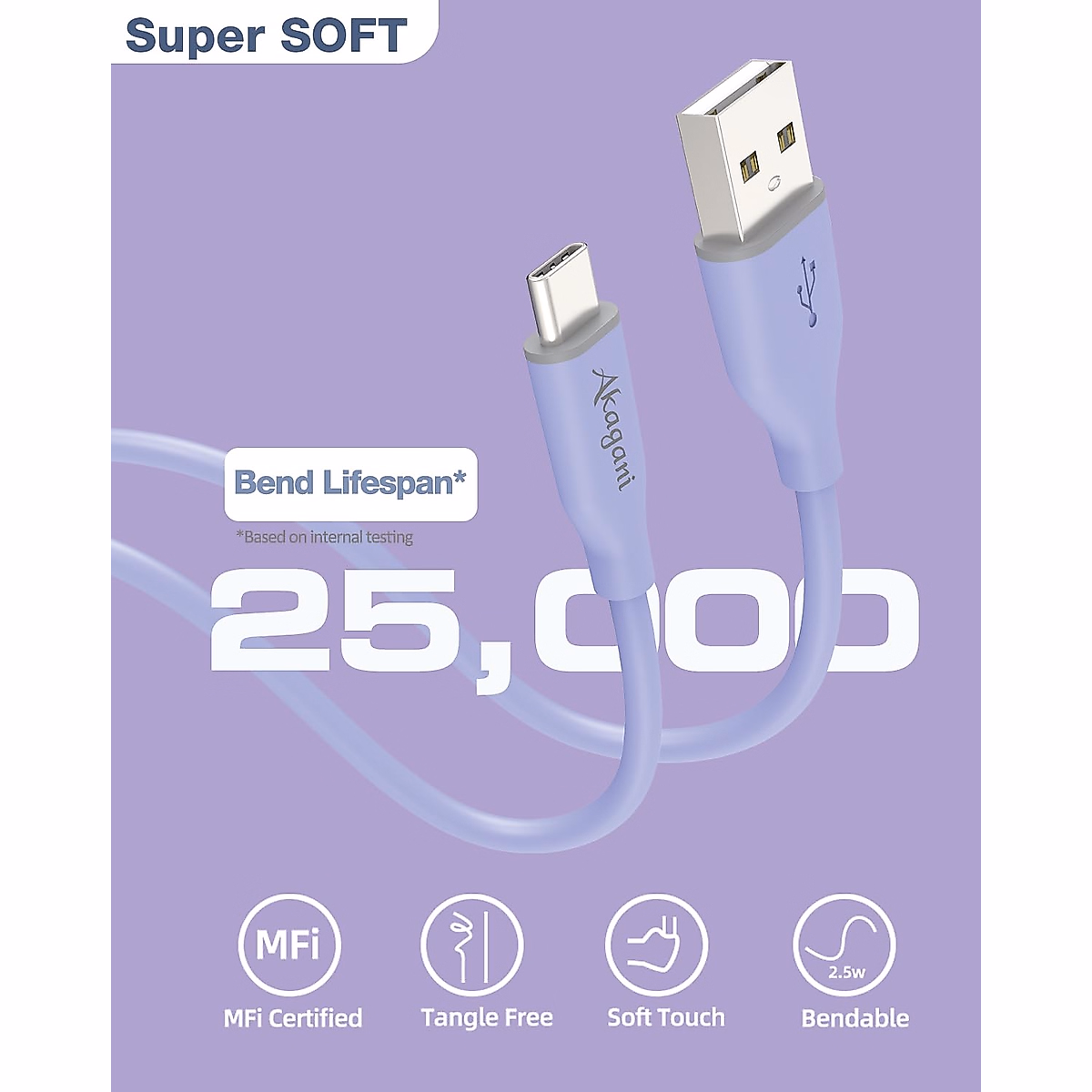 USB C Cable Super Flex Pastel Silicone USB A to Type C Charger Cable for Android Phone, for Samsung Galaxy Note 20 10 9 S20 S10 S9 S8, LG V50 V20 G5 4.26FT USB 2.0 Violet