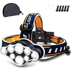 Rechargeable Headlamp, 8 LED Headlamp Flashlight 18000 Lumen 8 Modes with White Red Lights USB Cable, Waterproof Head Lamp for Outdoor Camping Cycling Running Fishing