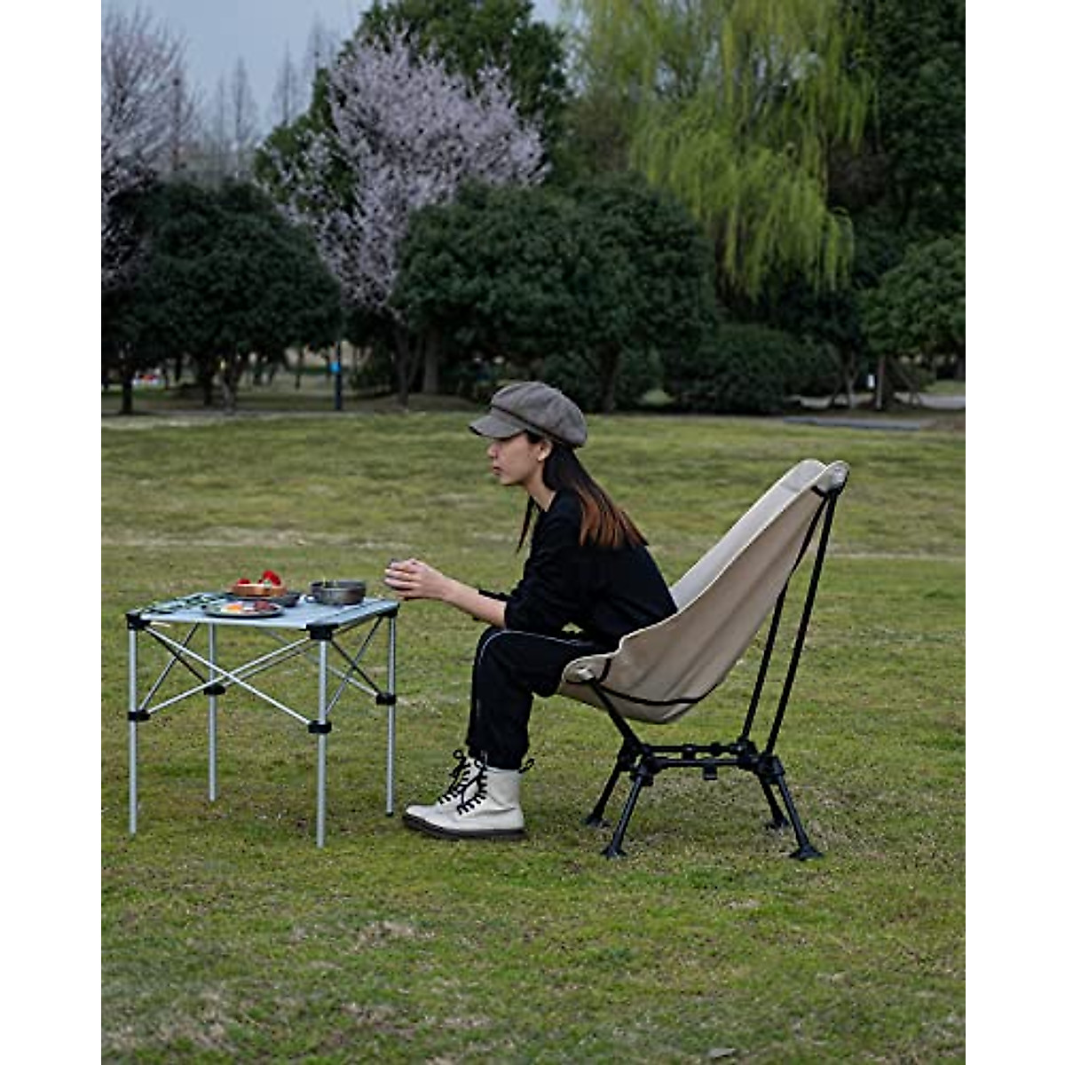 iClimb Two-Heights Light Compact Comfortable Camping Folding Beach Chair with Anti-Sinking Large Feet and Carry Bag (Beige)