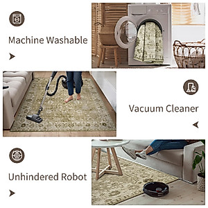 AMOAMI-Vintage 8'x10' Area Rugs for Living Room Washable Area Rug Non-Slip Low Pile Non-Shedding Floral Print Carpet for Bedroom Dining Room Office Double Latte