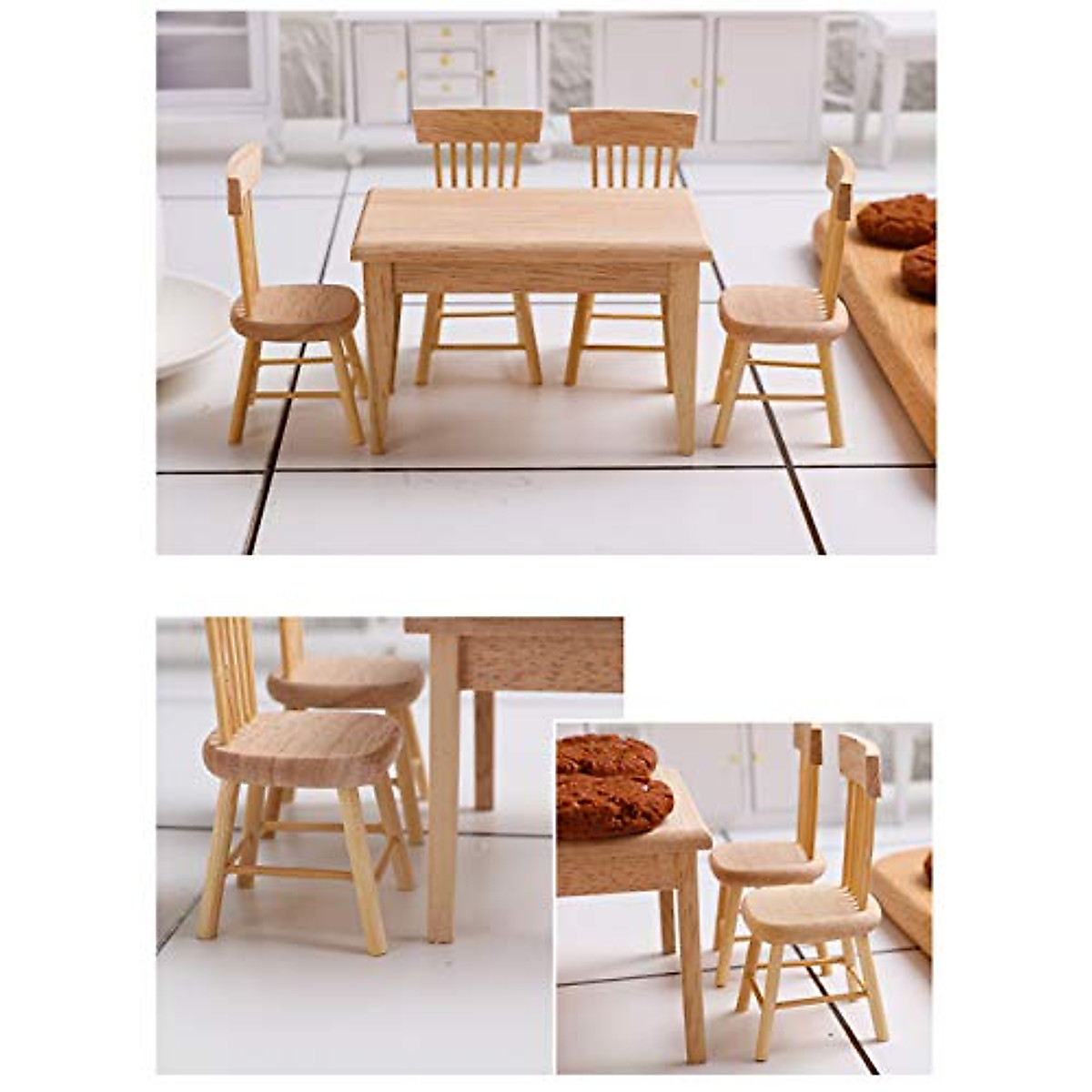 Z MAYABBO Wooden Dollhouse Furniture of Table & Chair, Miniature Dollhouse Accessories of Dining Room Accessory - 1/12 Scale