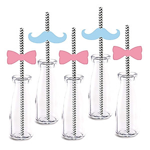 Gender Reveal Party Straw Decor, 24-Pack Pink And Blue Gender Reveal Baby Shower Supply Decorations, Paper Decorative Straws