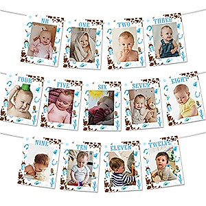 1st Birthday Monthly Photo Banner Cowboy First Rodeo Birthday Party Decorations Boy Blue Western Cowboy Monthly Milestone Photo Display My First Rodeo Newborn to 12
