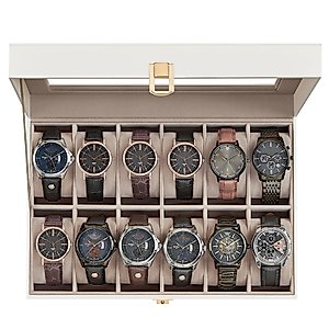 SONGMICS Watch Box, 12-Slot Watch Case with Large Glass Lid, Removable Watch Pillows, Watch Box Organizer, Gift for Loved Ones, Cloud White Synthetic Leather, Cappuccino Beige Lining UJWB120W01