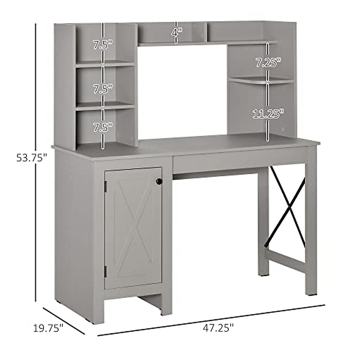HOMCOM Farmhouse Computer Desk with Hutch and Cabinet, Home Office Desk with Storage, for Study, Light Grey
