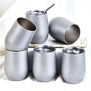 BetterSub 6 Pack Sublimation Glitter Silver Tumblers 12oz Double Wall Insulated Sublimation Blanks Tumblers, Stainless Steel Sublimation Cups with Lid, Metal Straw, Brush, Display Box