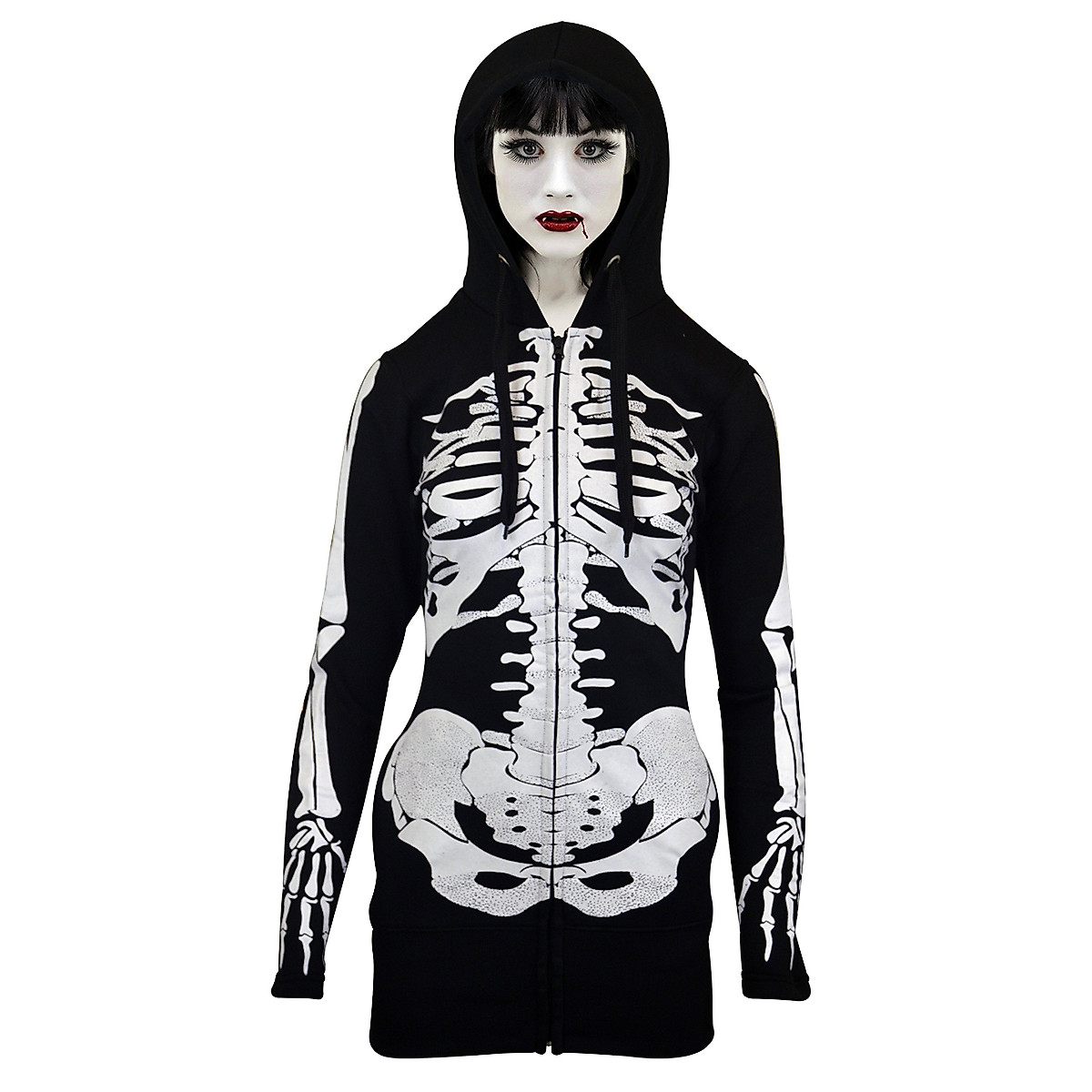 SKYLINEWEARS Women Halloween Costumes Open Face Skeleton Hoodie Long Sleeve Zip Up Hoodie Jacket Skull Open Black L