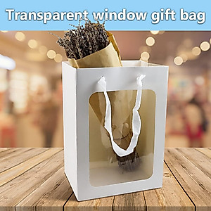 WYOMER 12 Pcs Kraft Paper Gift Bags with Transparent Window, Exquisite Goods Bags with Handles for Gifts, Festivals Partys (White)