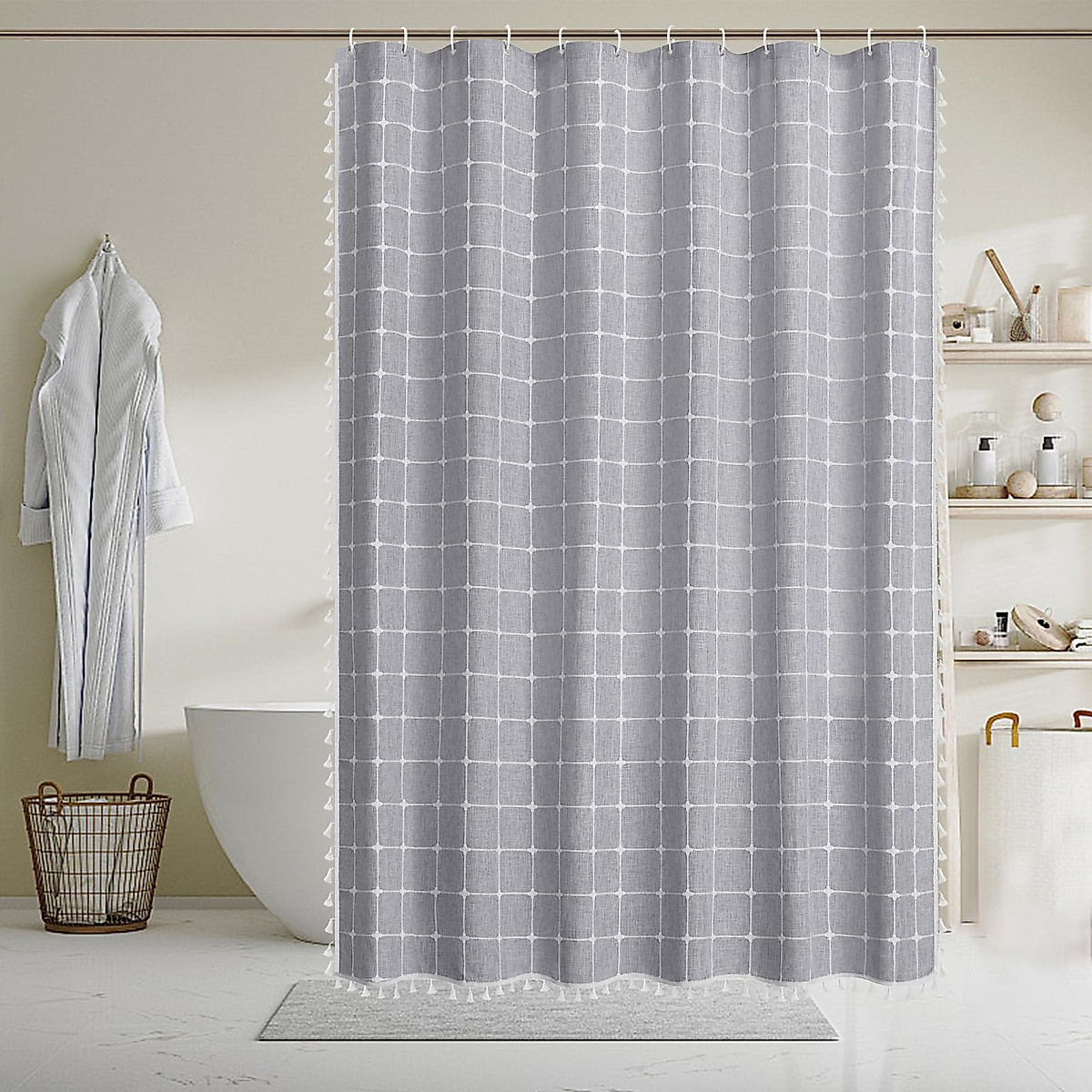 Boho Long Shower Curtain, 72x78 Inches Long Linen Thick Fabric Shower Curtain with Tassels,Tall Modern Farmhouse Neutral Textured Cloth Shower Curtains for Bathroom, Water Repellent, 72x78, Gray/Grey