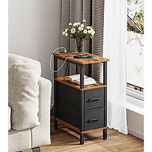 VIMBER Narrow Side Table for Small Spaces, Skinny End Table with Charging Station, Sofa Beside Table with 2 Drawers 1 Open Compartment, Slim Nightstand with USB Ports Outlet, Rustic and Brown UTBT004F