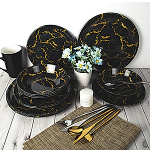 Melamine Dinnerware Sets - 12 pcs Melamine Plates Indoor and Outdoor use Black Marble Plates and Bowls Dinnerware Sets Camping Dish Set for 4 Dishwasher Safe(Sahara Gold)
