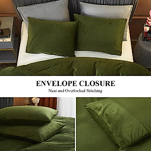 Ivellow Velvet Flannel Duvet Cover King Size Olive Green Comforter Cover Ultra Soft Breathable Cozy Velour Duvet Cover Solid Luxury Bedding Set Zipper Closure Corner Ties