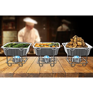 3-Pack Disposable Chafing Dish Buffet Set + Fuel + Serving Utensils - Full Size Buffet Warmers with 6 Half Size Food Pans, 4 Hour Fuel Cans, 9 Serving Utensils, Frame, for Catering and Parties