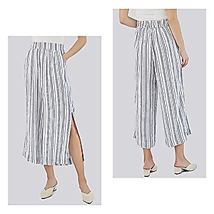 Asoran Linen Pants for Women, Wide Leg Elastic Flowy Pants with Side Slit, Women’s Casual Loose High Waist Pants