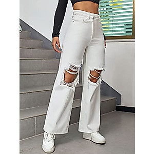 SweatyRocks Women's Straight Wide Leg High Waisted Jeans Ripped Distressed Cut Out Denim Pants White M