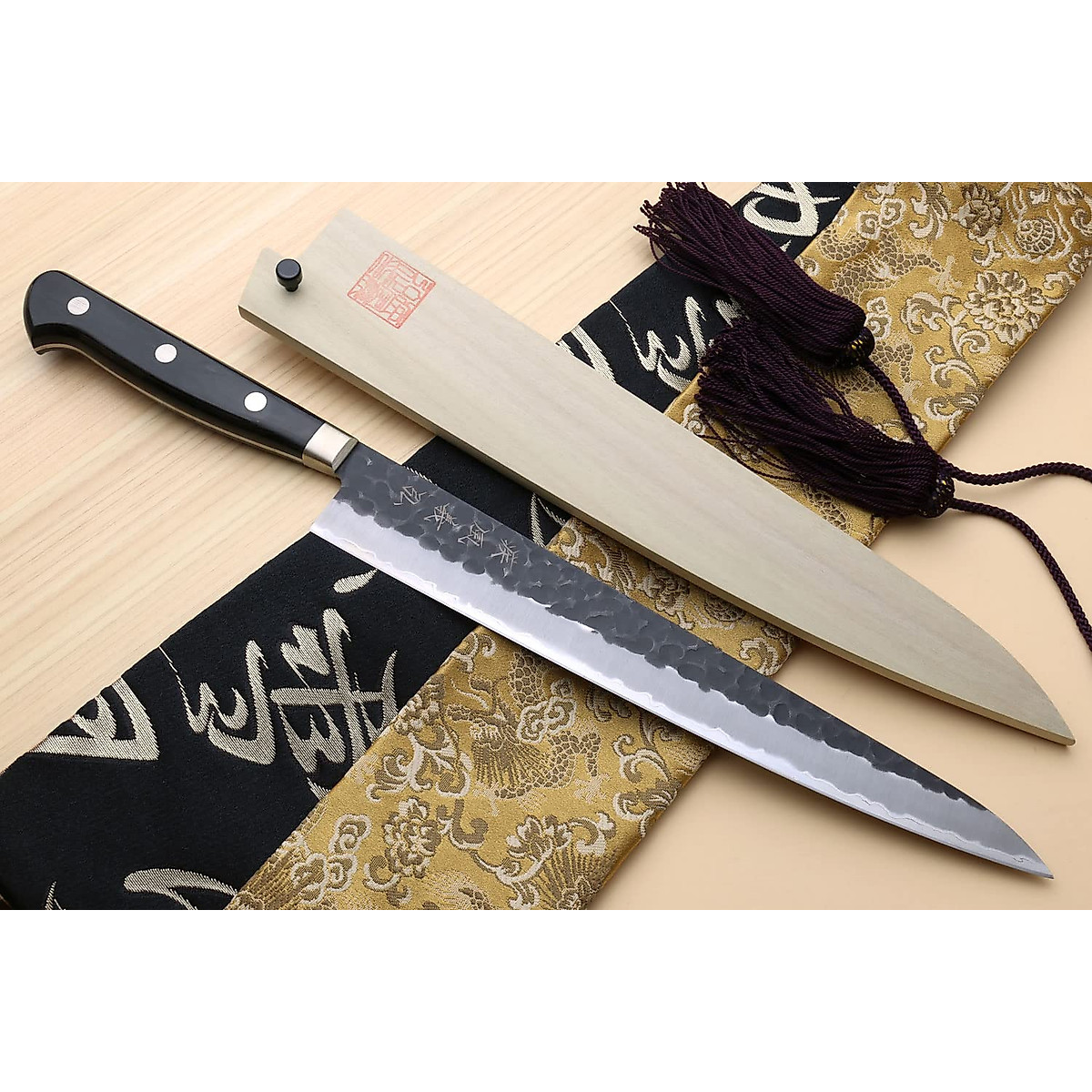 Yoshihiro Kurouchi Super Blue Steel Stainless Clad Sujihiki Slicer Chef Knife (9.5" (240mm) & Saya, Black Pakkawood Handle)