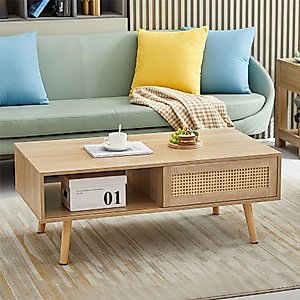Tansole Natural Oak Modern Coffee Table, Rectangular with Storage, Rattan Woven Design, Living Room Center Table, 41.34x21.65x16.34 inches, 36.3 pounds