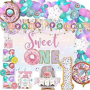 121 PCs Sweet One Birthday Party Decorations, Hombae Donut 1st Party Decorations for Girl Backdrop Balloon Garland Monthly Photo High Chair Banner Cake Topper Box Cutout Poster Crown Patel Colorful