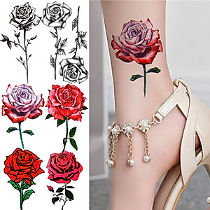 EGMBGM 24 Sheets Black Sketch Rose With Snake Temporary Tattoos For Women, Sexy Red Rose Branch Crescent Moon Tattoo Sticker For Girls, Waterproof Arm Leg Neck Fake Flowers Tattoo Temporary Tatoo Kit