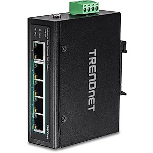 TRENDnet 5-Port Industrial Fast Ethernet DIN-Rail Switch, 4 x Fast Ethernet PoE+ Ports, 1 x Fast Ethernet Port, 90W PoE Power Budget, DIN-Rail, IP30 Rated, Lifetime Protection, Black, TI-PE50
