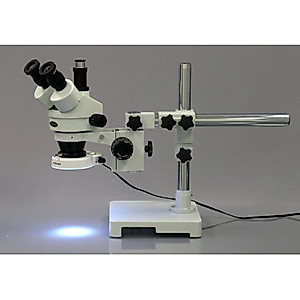 AmScope SM-3TZ-80S Professional Trinocular Stereo Zoom Microscope, WH10x Eyepieces, 3.5X-90X Magnification, 0.7X-4.5X Zoom Objective, 80-Bulb LED Ring Light, Single-Arm Boom Stand, 90V-265V, Includes 0.5X and 2.0X Barlow Lenses