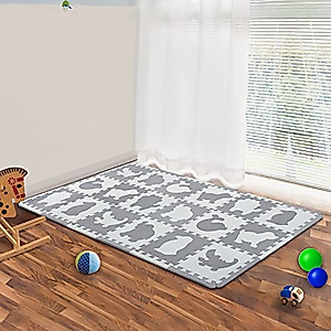 Yostrong 18 Tiles Interlocking Animal Puzzle Foam Baby Play Mat with Straight Edges for Playing - Rubber EVA Babies Crawling Mats for Floor. White, Light gray. YOP-51(AL) b18S18