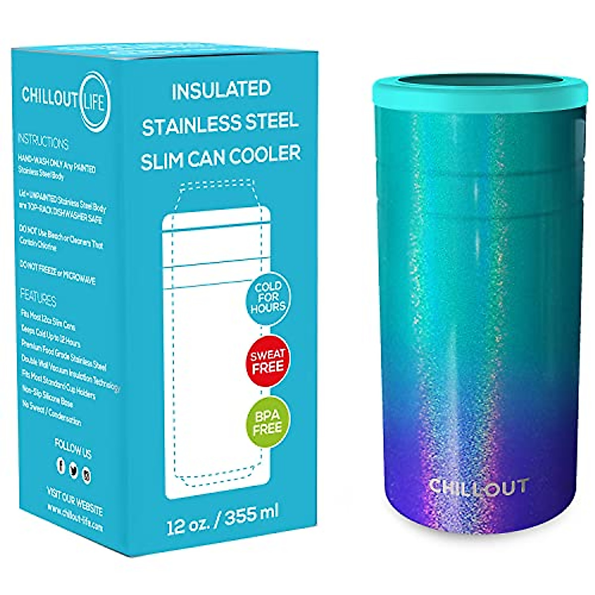 CHILLOUT LIFE Skinny Can Cooler for Slim Beer & Hard Seltzer | 12oz Stainless Steel Tall Triple Insulated Can Drink Holder - 1 Pack
